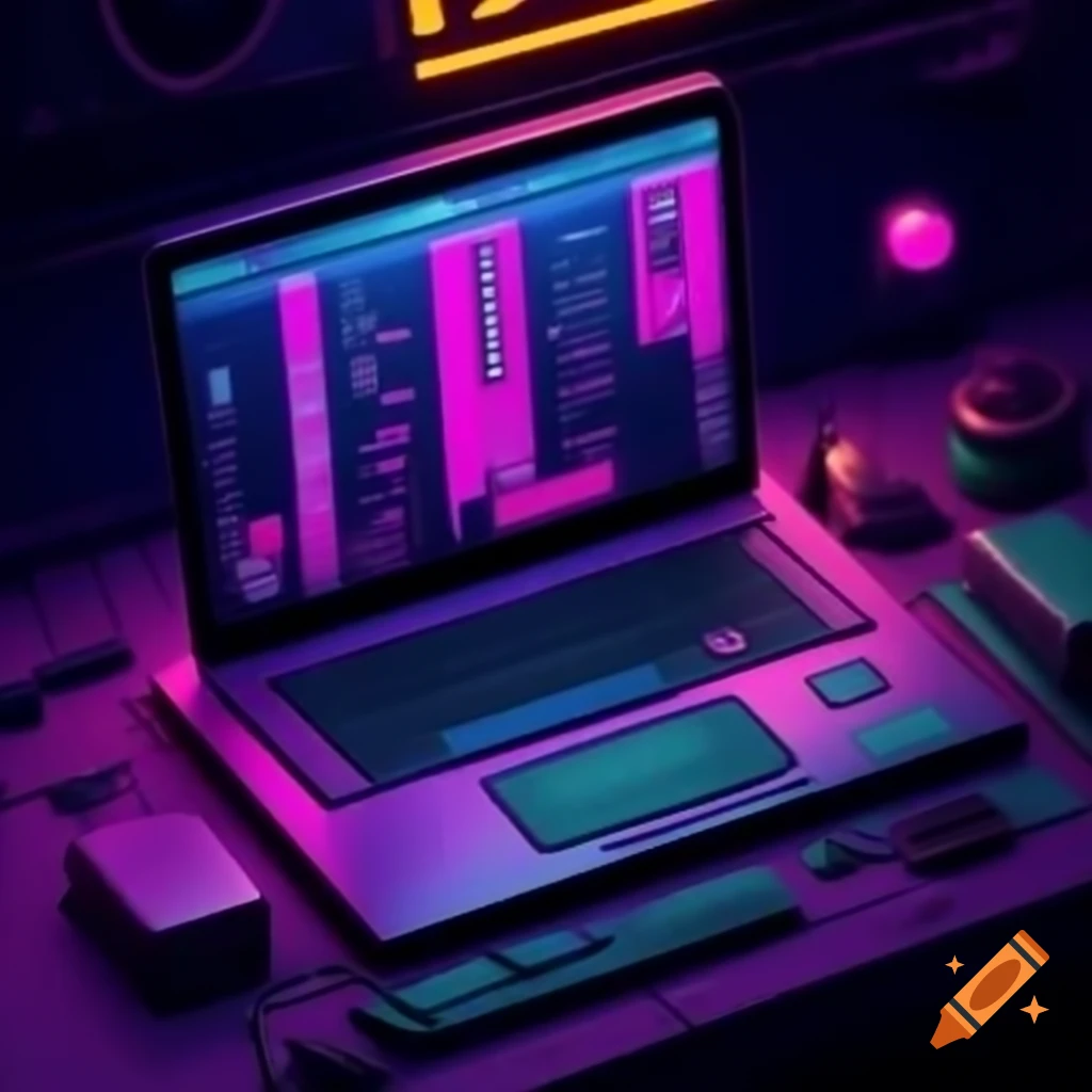 Futuristic cyberpunk laptop design with neon lights on Craiyon