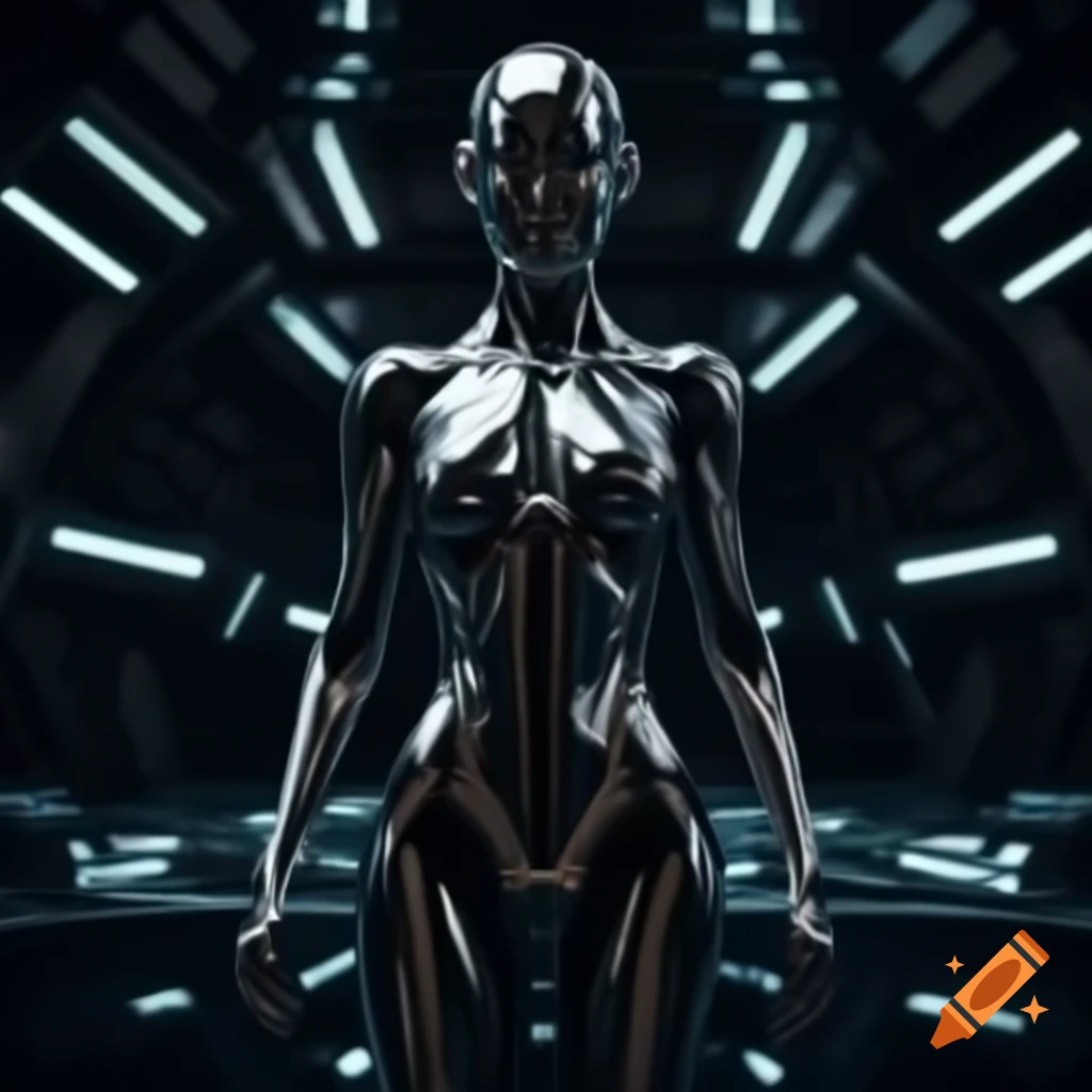 Synthetic female human with chrome futuristic body in dark room on Craiyon