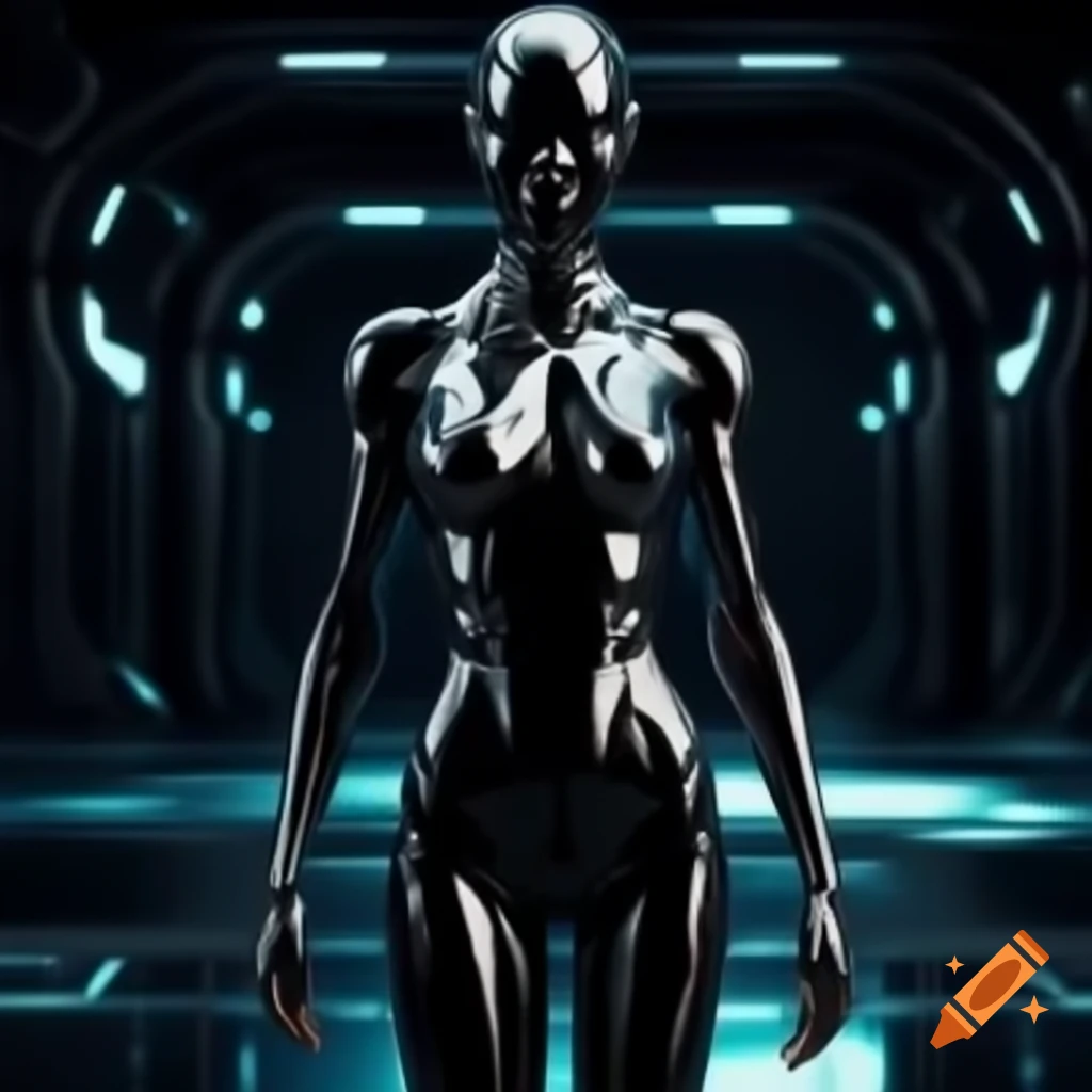 Futuristic synthetic female figure in a dark room, photorealistic on ...