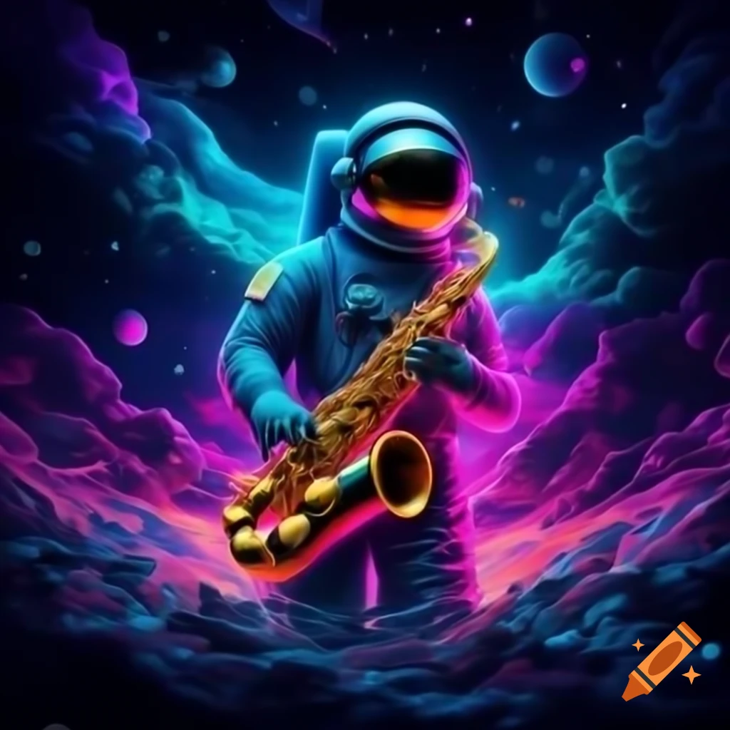 Astronaut playing saxophone in colorful surreal space with neon lights ...