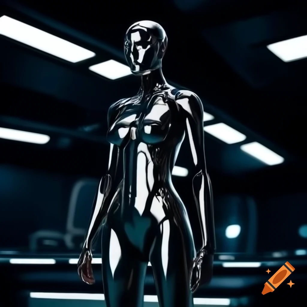 Synthetic female humanoid with black chrome body in dark futuristic ...