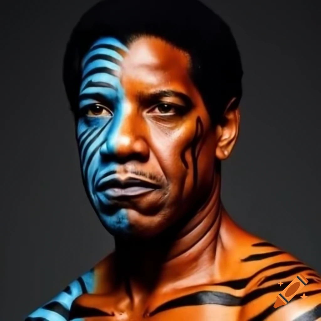 Muscular man with tiger-style makeup featuring blue hair and orange ...