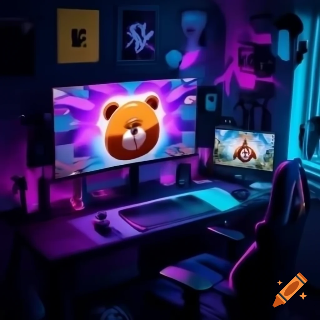 Cartoon bear gamer with RGB setup in dark room illuminated by neon ...