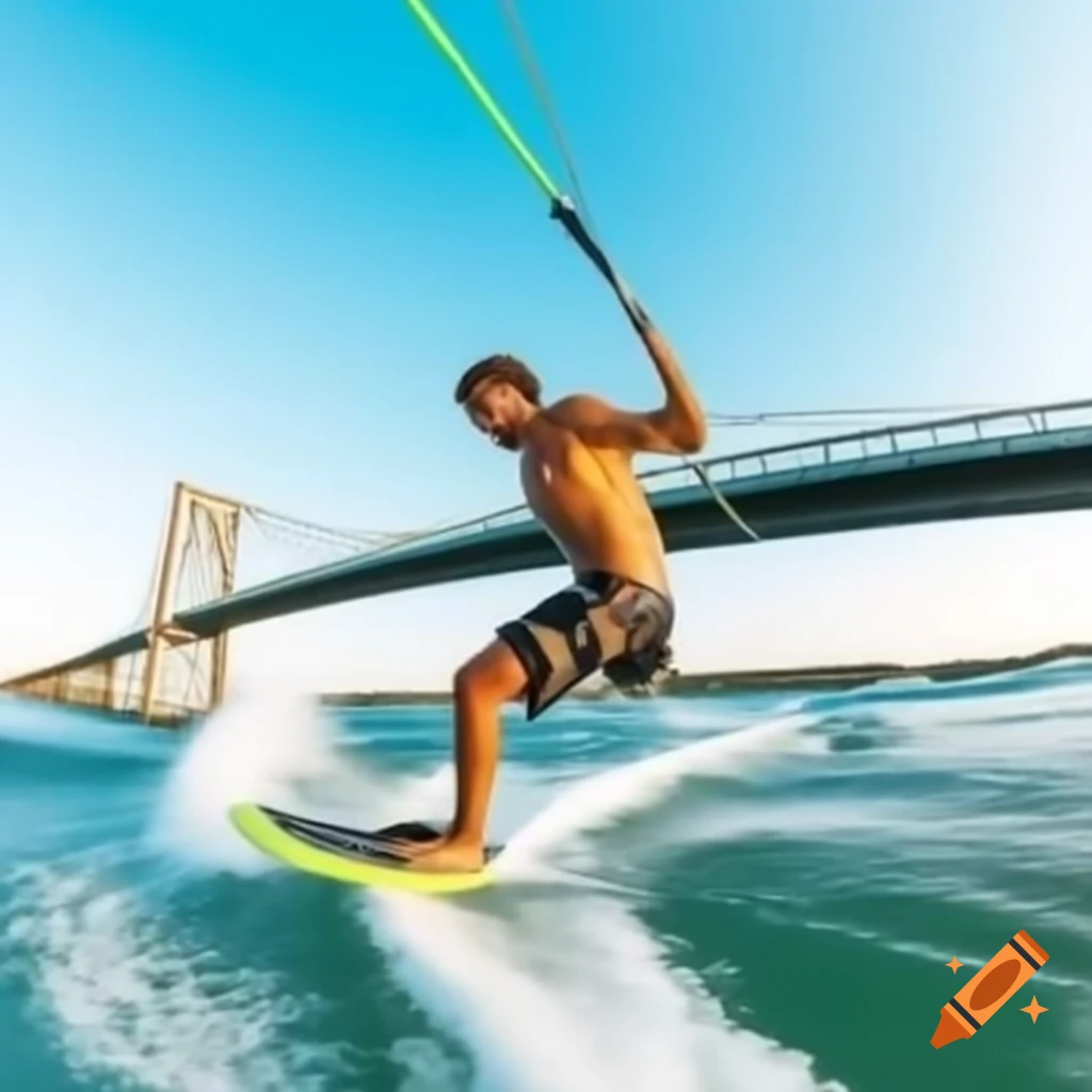 Guy wakeboarding off a rope swing from a bridge into the water on Craiyon