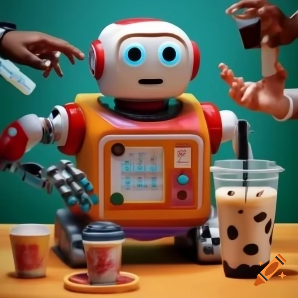 Innovative smart robot with hands preparing coffee and boba drinks on Craiyon