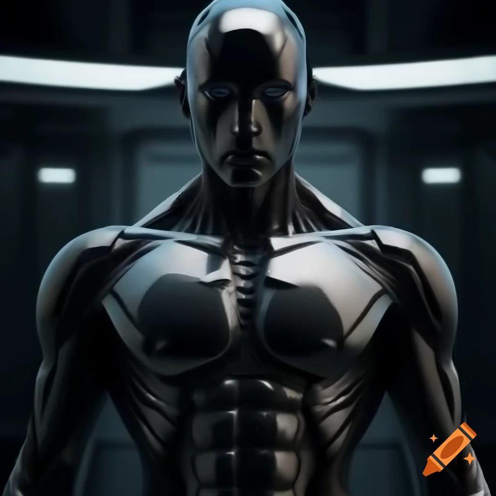 Synthetic male human with chrome body in futuristic dark room on Craiyon