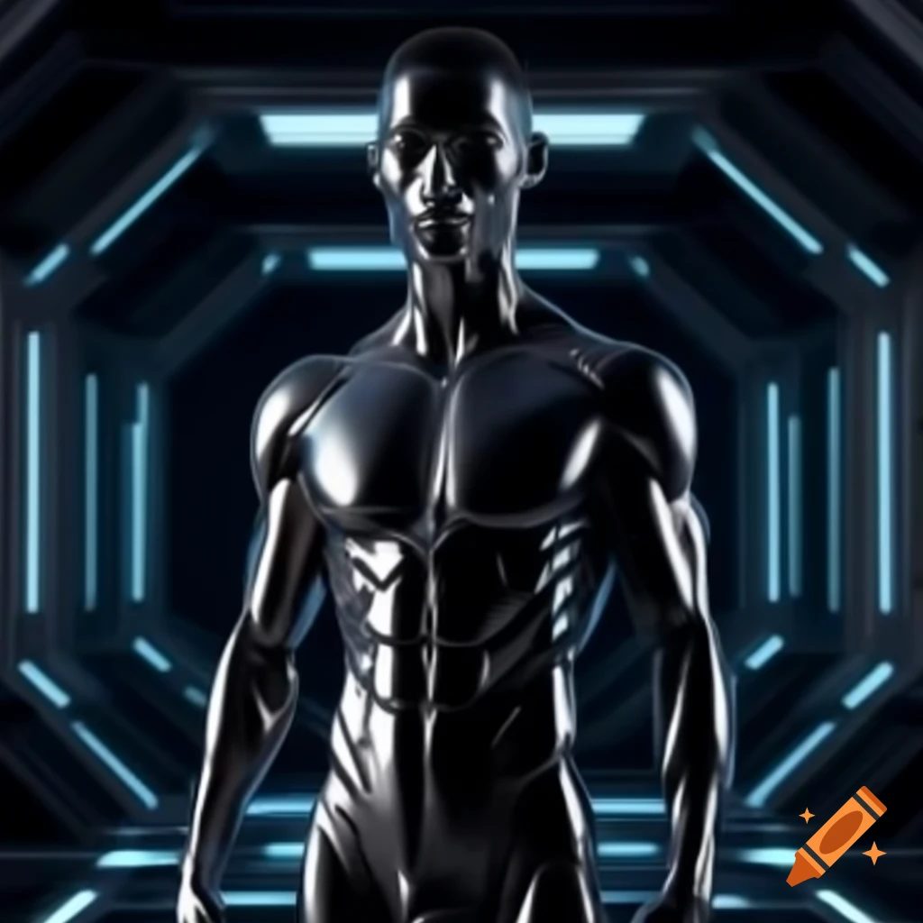 Sleek synthetic male humanoid with black chrome body in futuristic dark ...