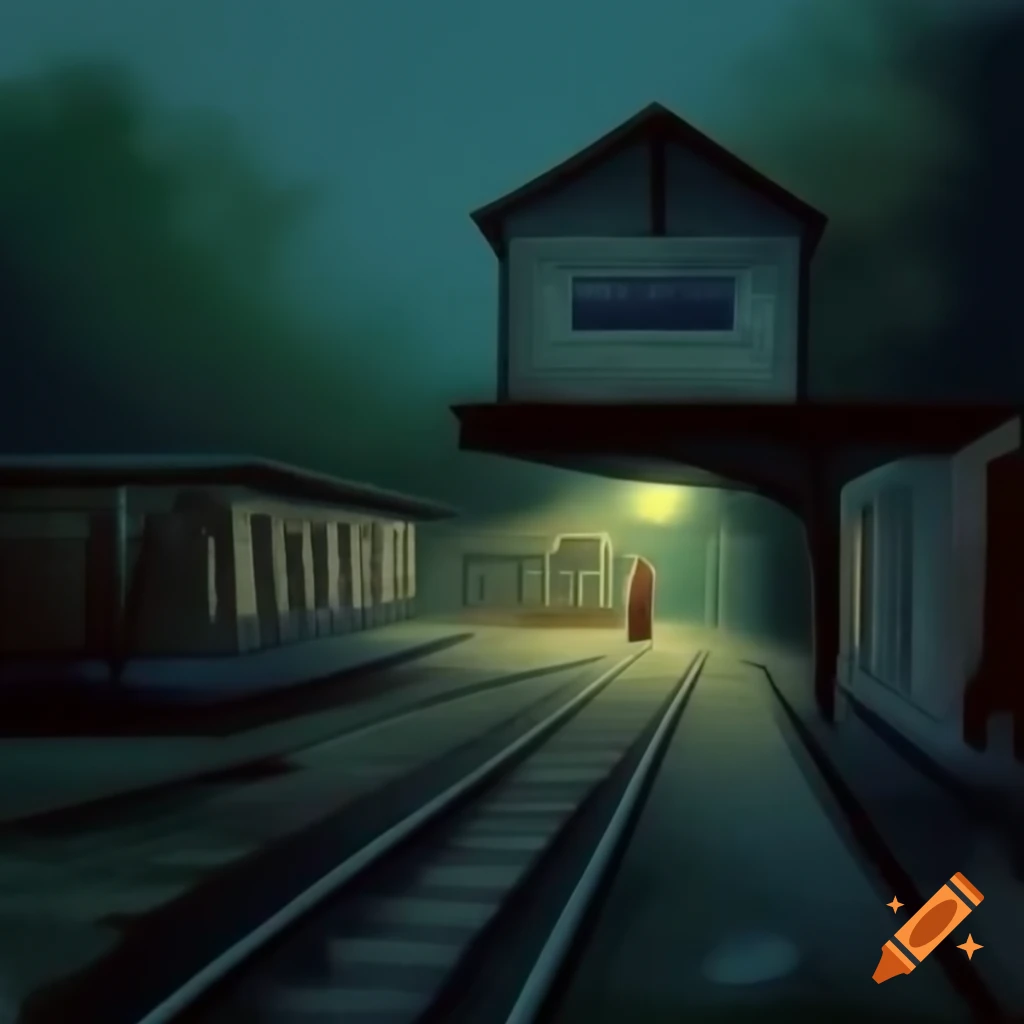 Hyper-realistic nighttime scene of Begunkodor Railway Station in fog ...