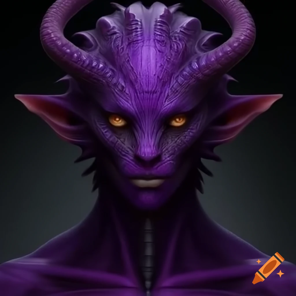 Humanoid creature with dark purple scales and curling horns, human-like ...