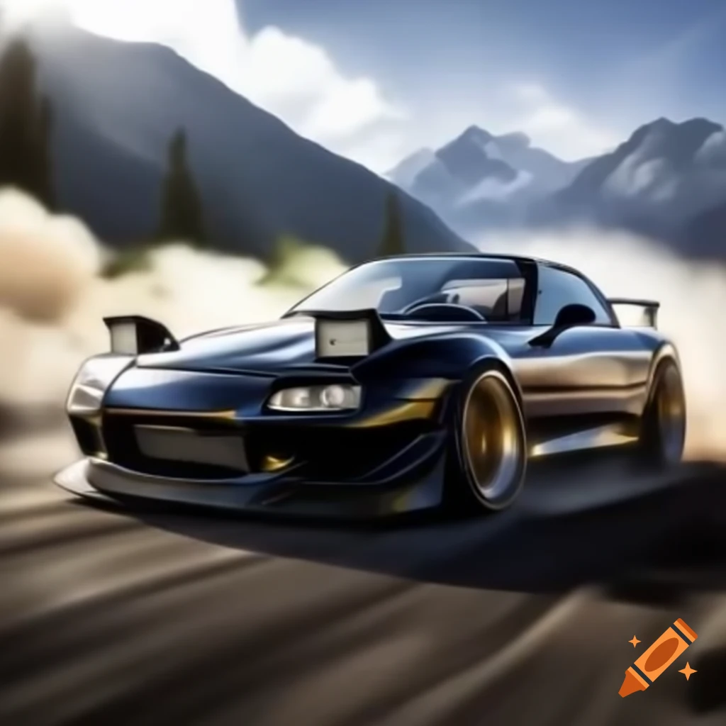 Action scene of Mazda RX-7 and Nissan GTR drifting on mountain roads on ...