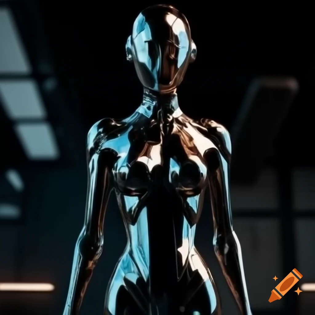 Futuristic synthetic female human with black chrome body in dark room ...