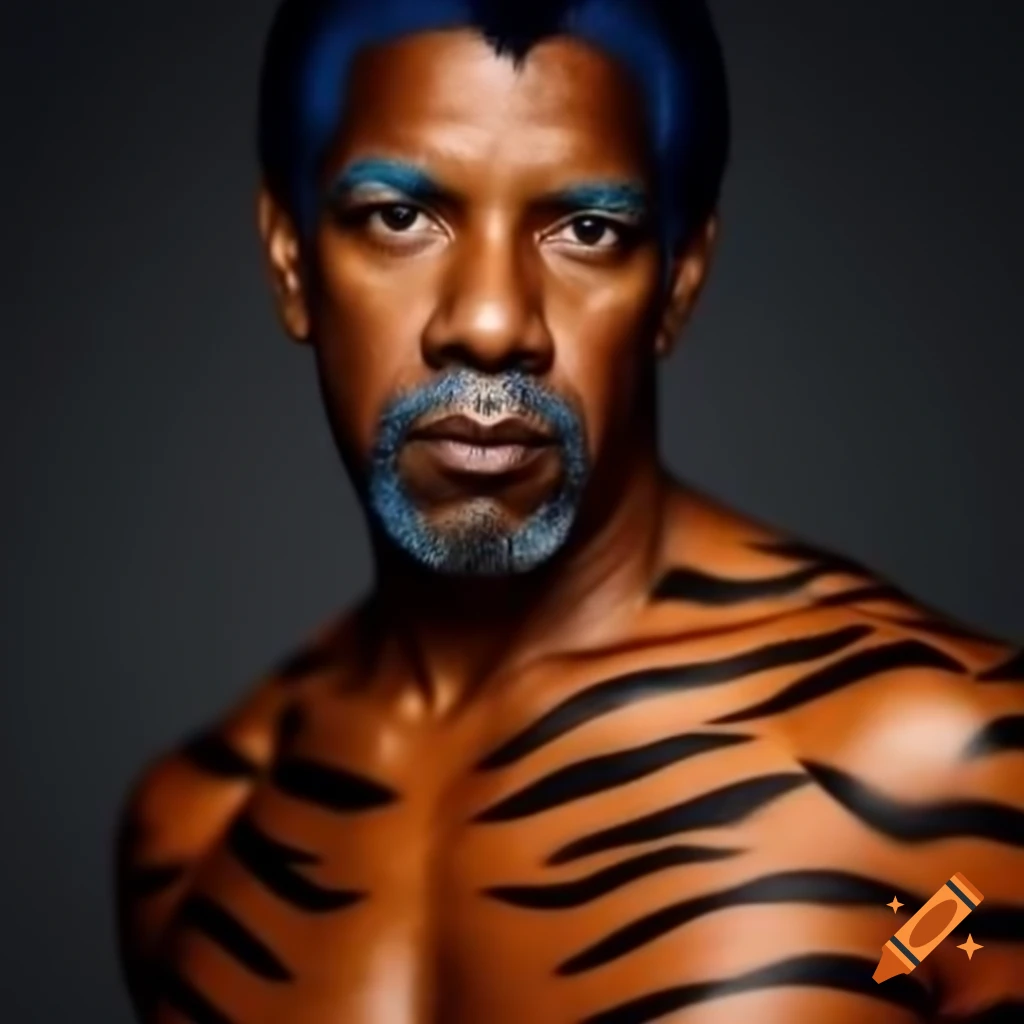 Muscular man resembling Denzel Washington with tiger-style makeup and blue hair on Craiyon