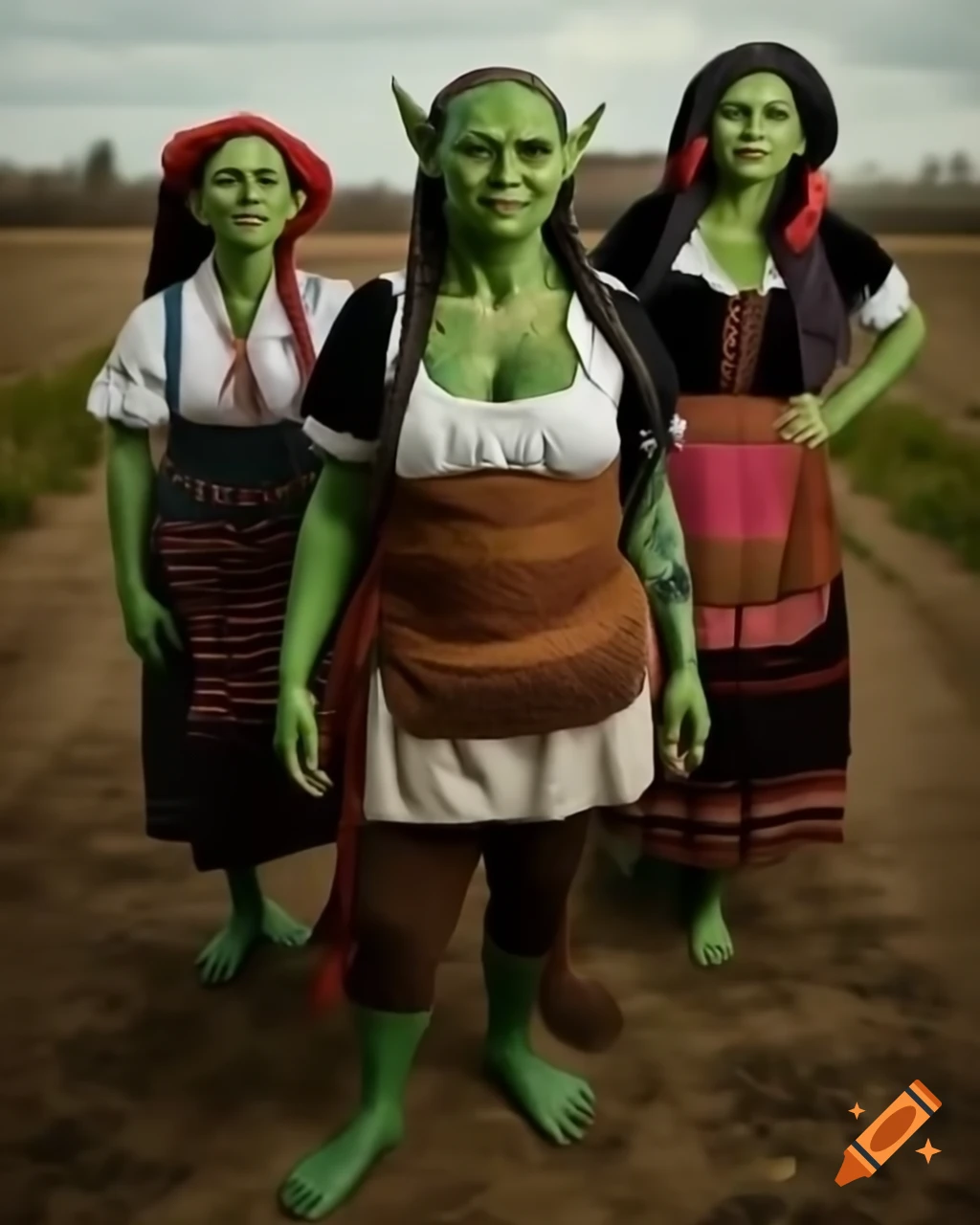 Green-skinned goblin girl in Slovak folklore attire showing tattoos in ...