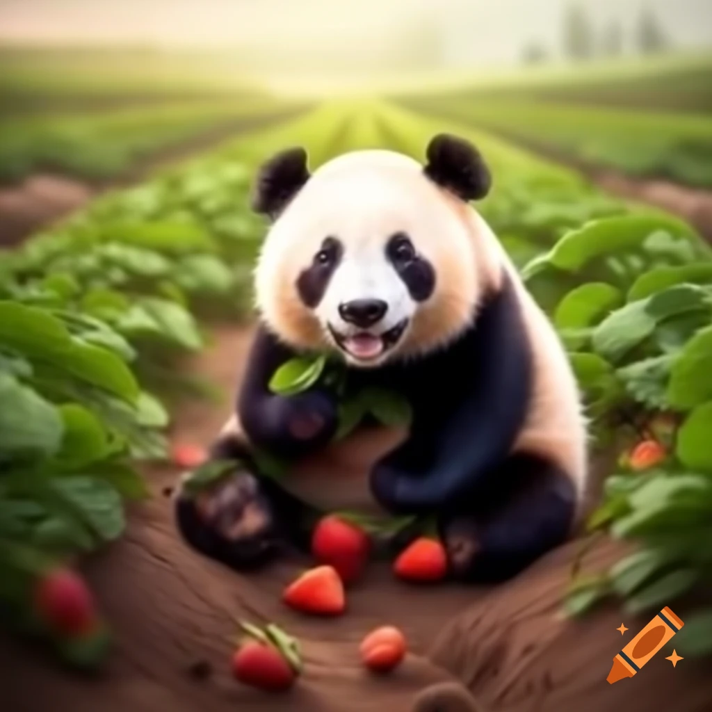 Panda eating strawberries in a strawberry field on Craiyon