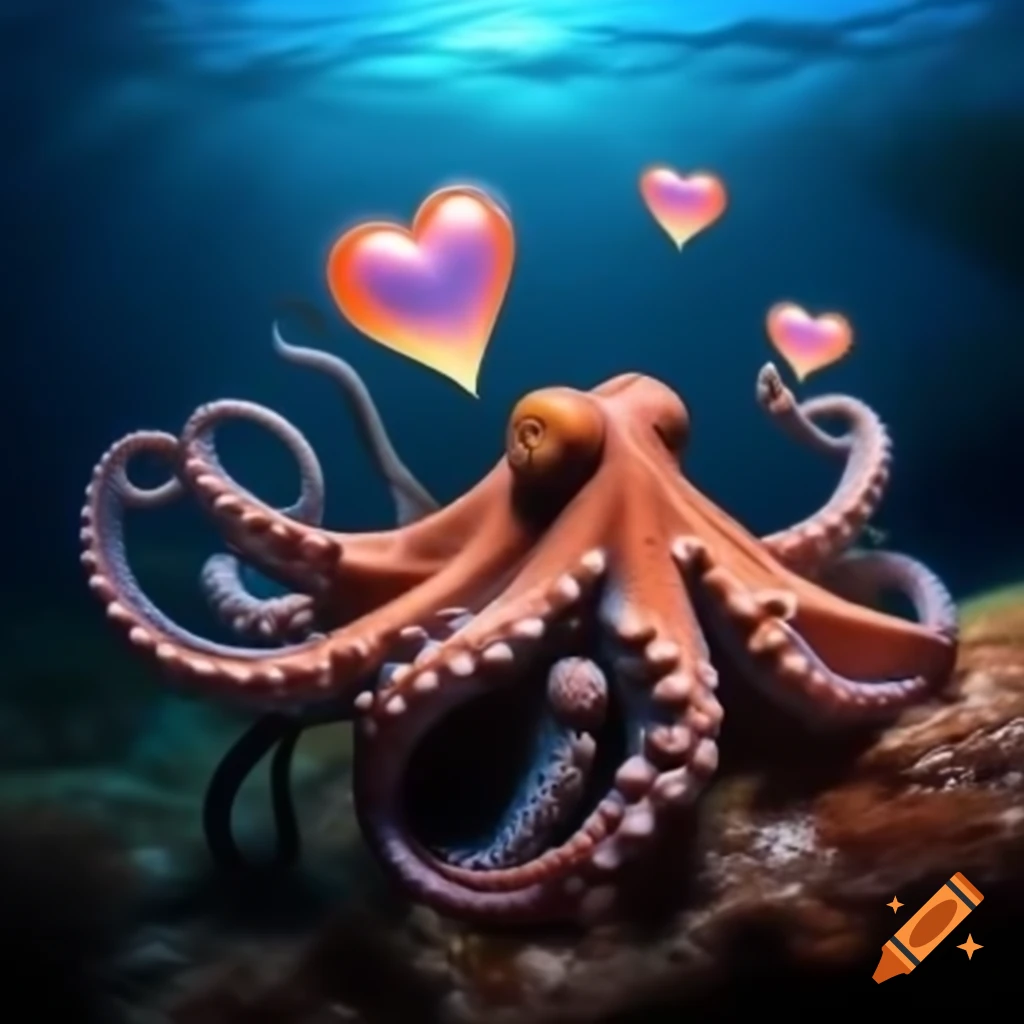 Realistic octopus with glowing hearts in dark blue ocean on Craiyon