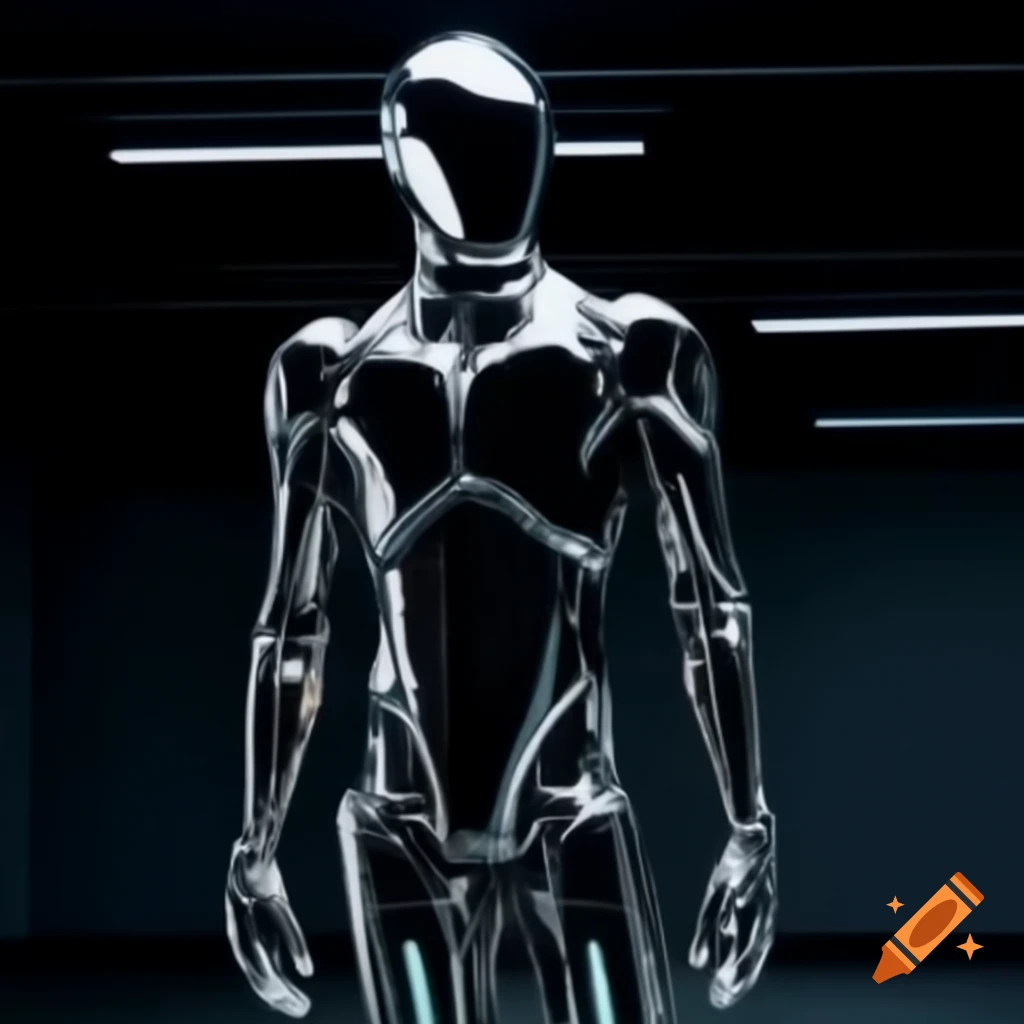 Synthetic male humanoid with black chrome futuristic body in dark room ...