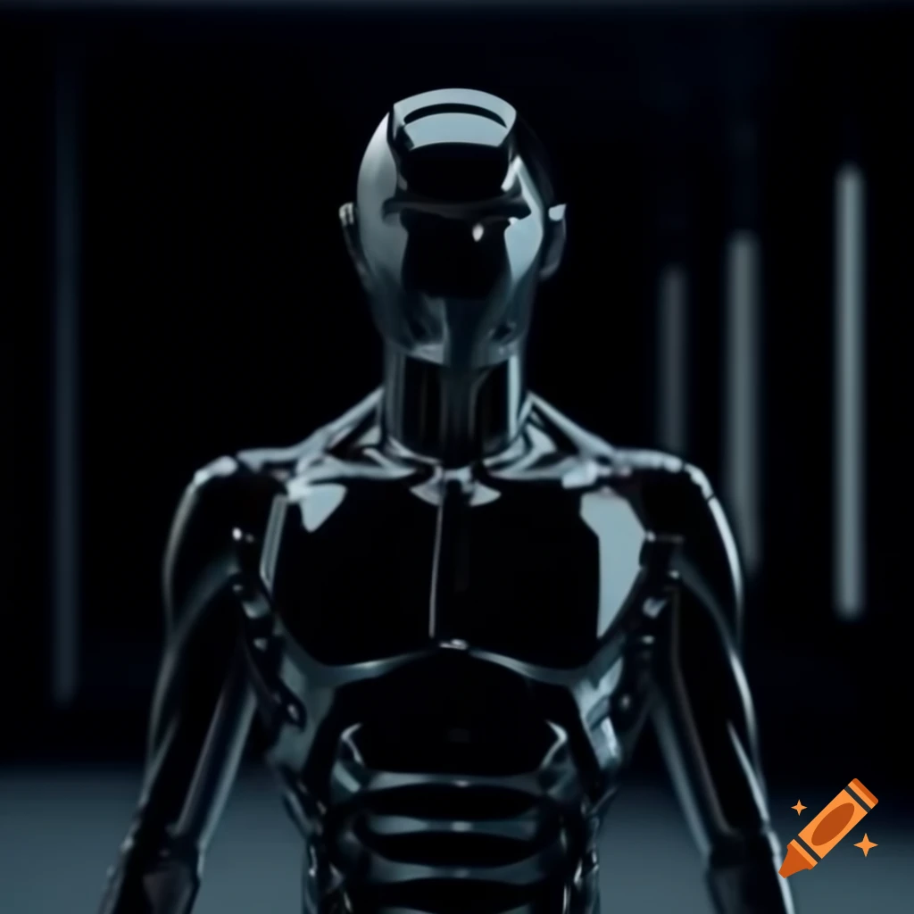 Futuristic synthetic male human with black chrome body in dark room on ...