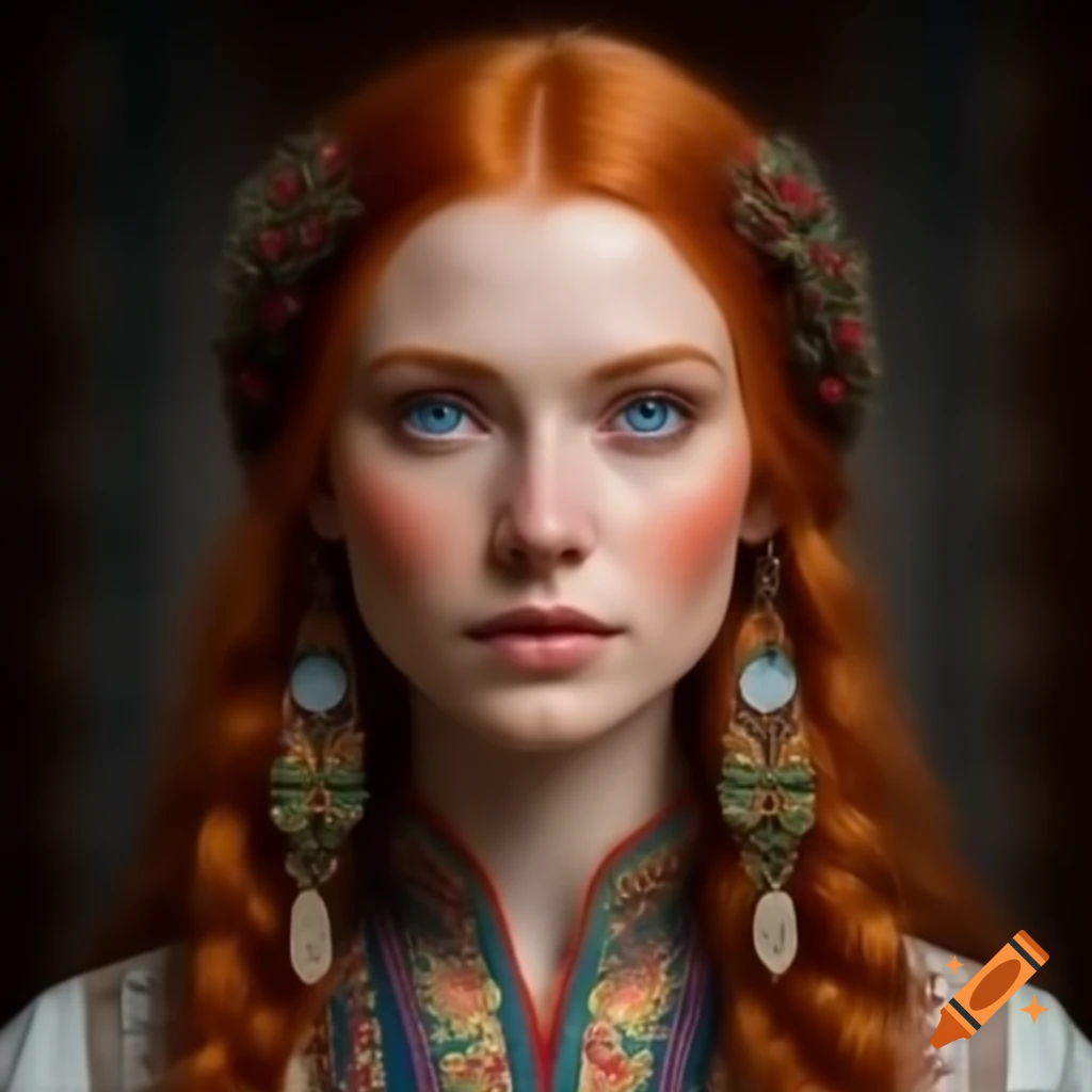 Woman with red hair and blue eyes in traditional Slavic attire on Craiyon