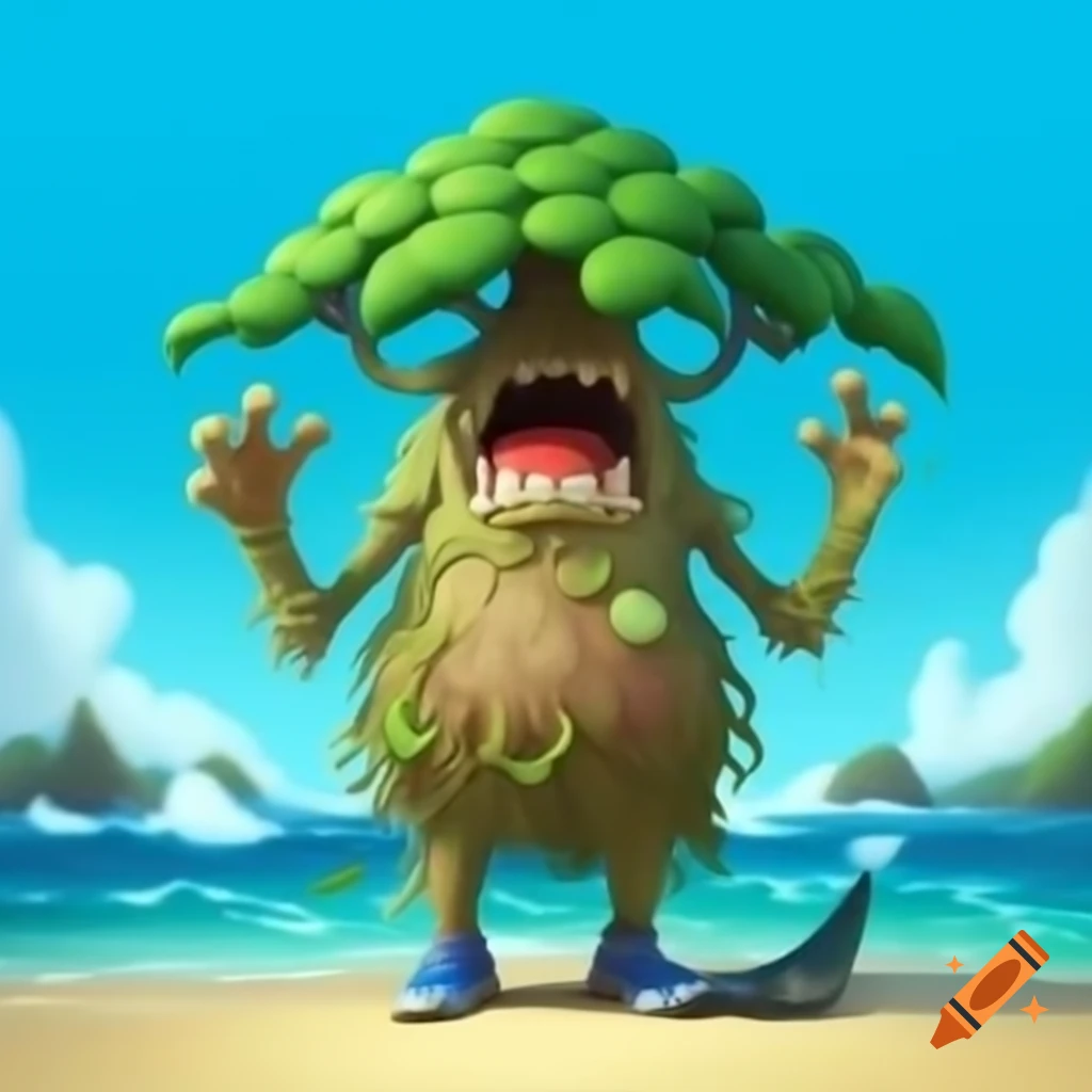 Cartoon creature resembling a tree with monkey-shark hybrid head on Craiyon