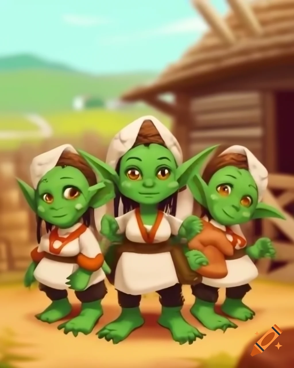 Three green-skinned goblin girls in Slovak folklore attire on a farm on ...