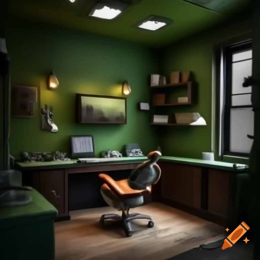 Realistic dental office interior in green and brown, punk draft style ...