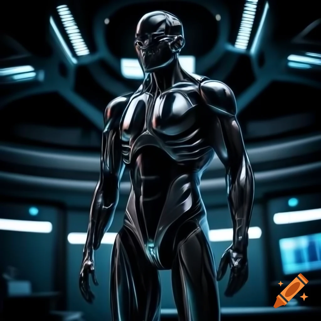 Synthetic male human with black metallic chrome body in futuristic dark ...