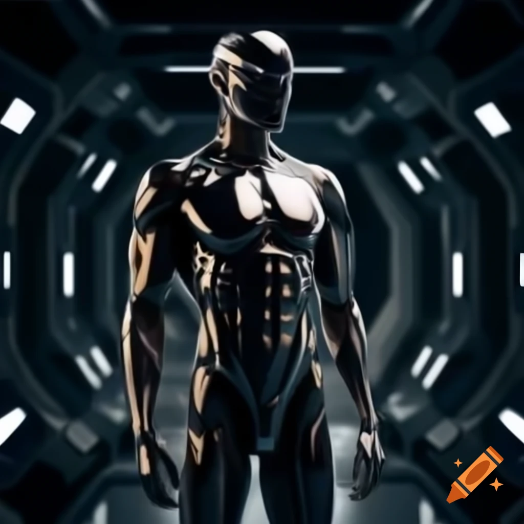 Sleek synthetic male humanoid with black chrome body in futuristic dark ...