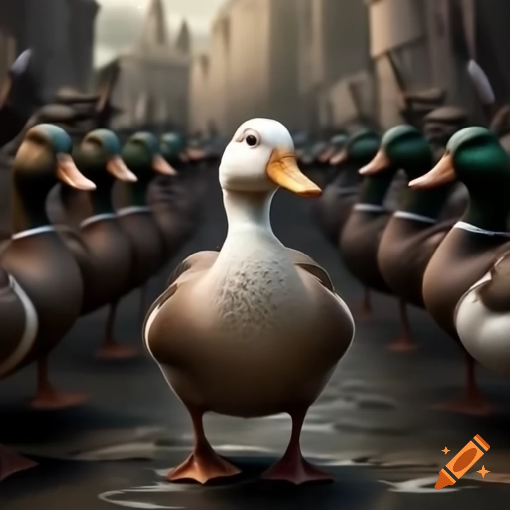 Ferocious duck leading army of ducks in medieval setting on Craiyon