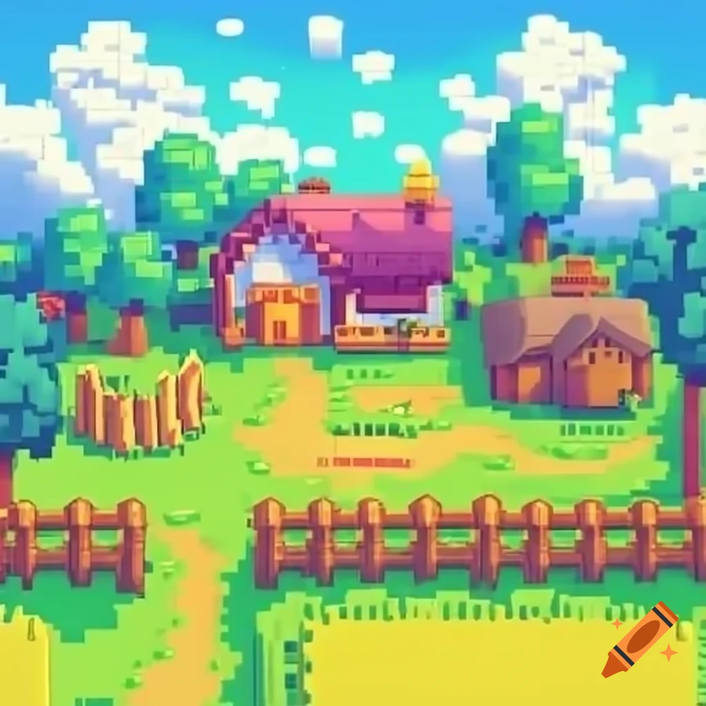 Colorful pixel art landscape of countryside farm with fields and house ...