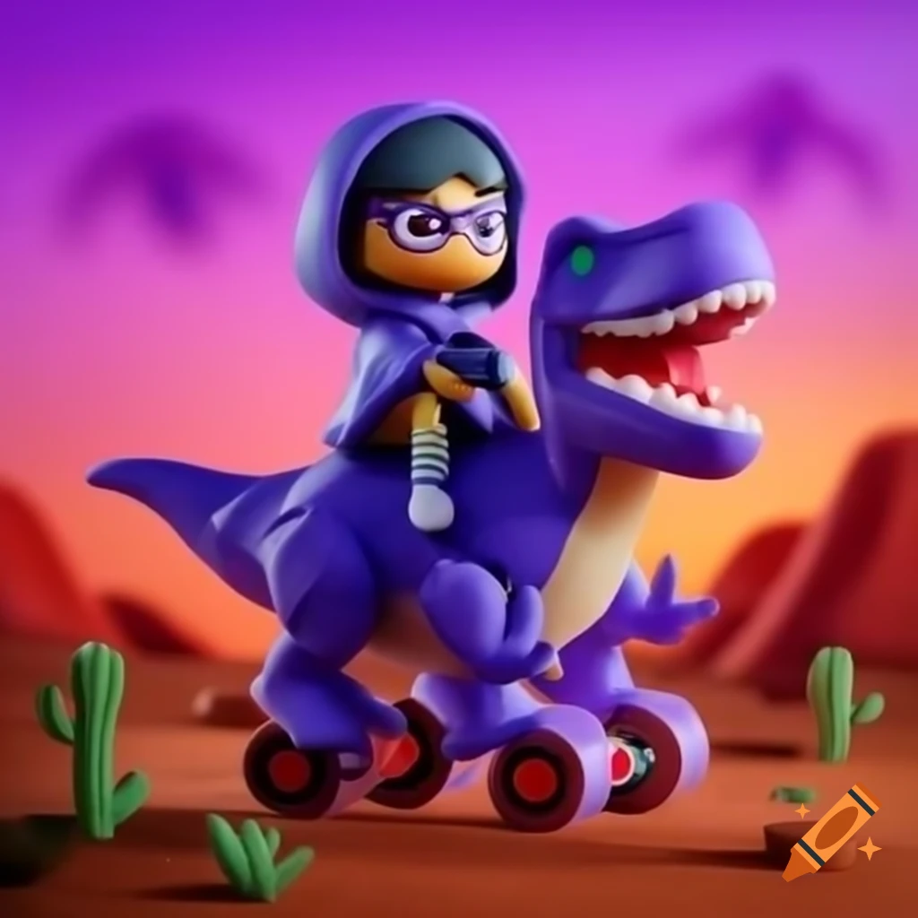 Hooded figure riding roller-skate T-Rex through desert at dawn with ...