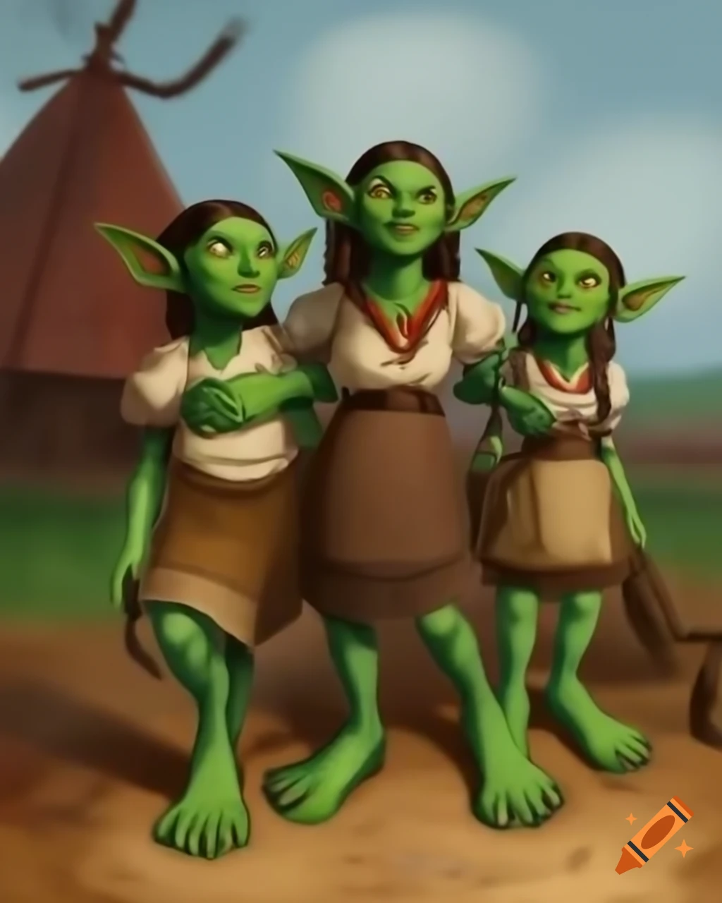 Three green-skinned goblin girls in Slovak folklore attire on a farm on ...