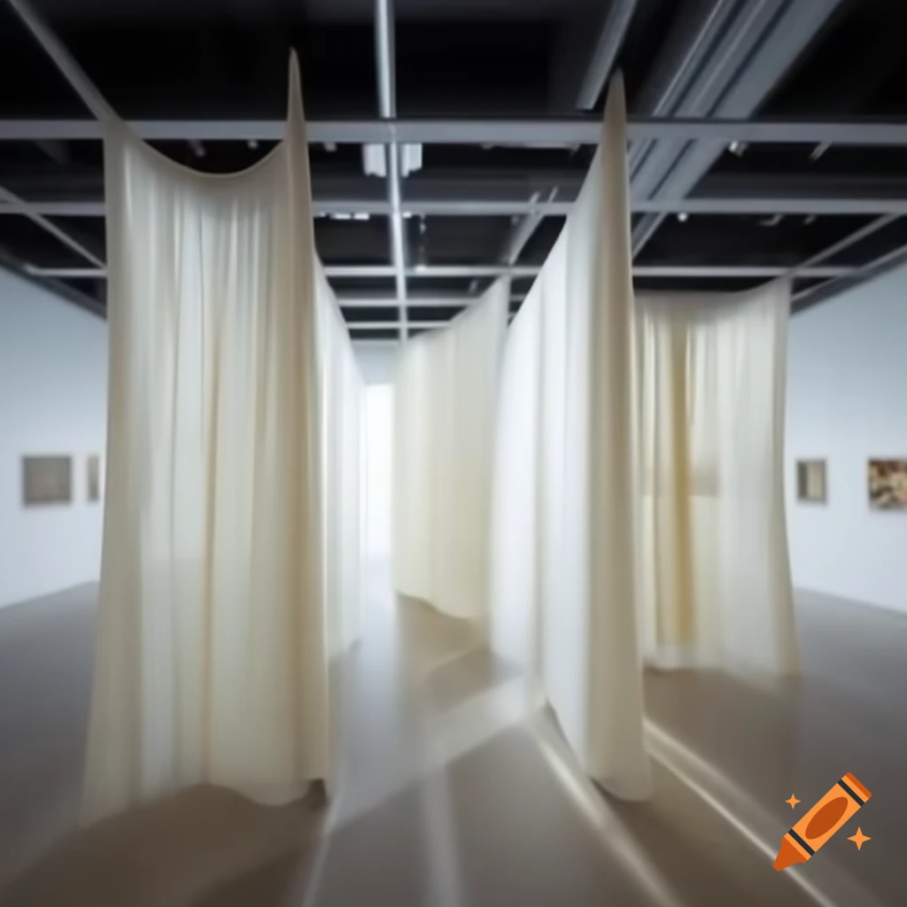 Expansive art gallery hall with white walls, cream wood floor, and ...