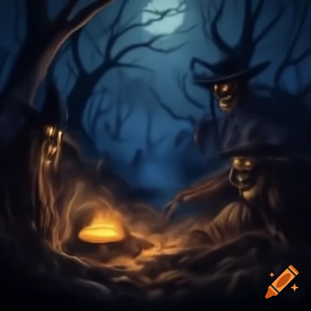 Spooky evening forest setting prepared for a barbecue on Craiyon