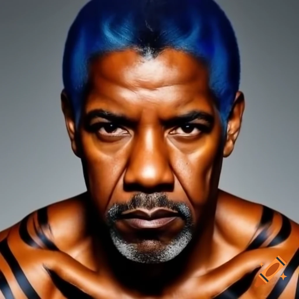 Muscular Denzel Washington with tiger makeup and colorful hair on Craiyon