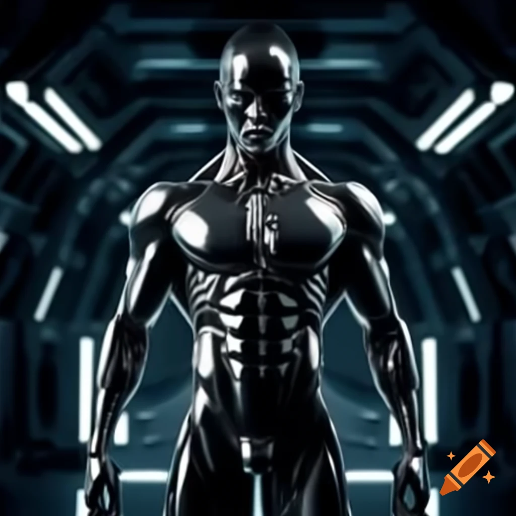 Synthetic male human with black metallic chrome body in futuristic dark ...