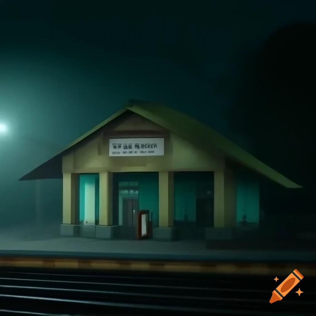 Hyper-realistic nighttime scene of Begunkodor Railway Station in fog ...