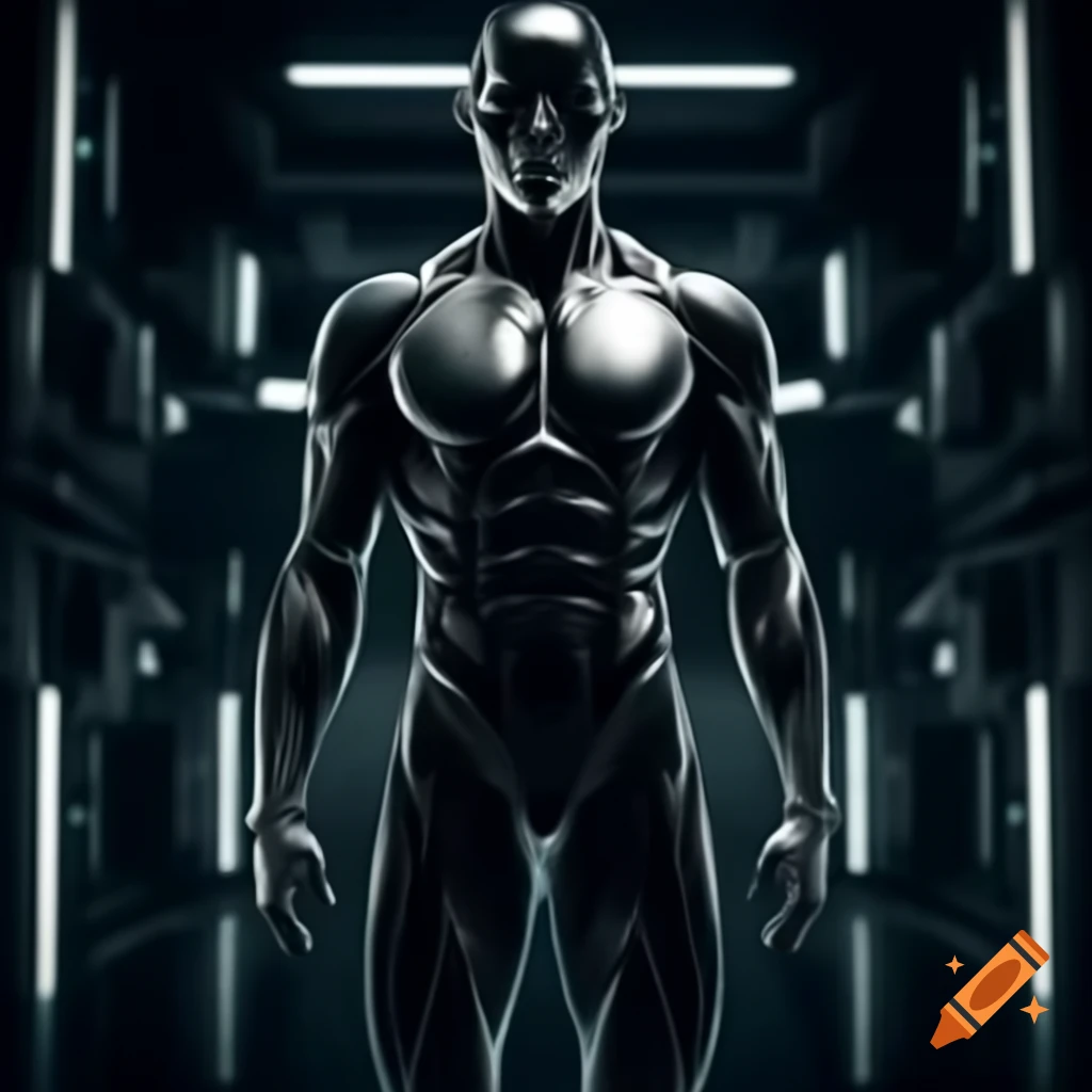 Synthetic male human with chrome body in futuristic dark room on Craiyon