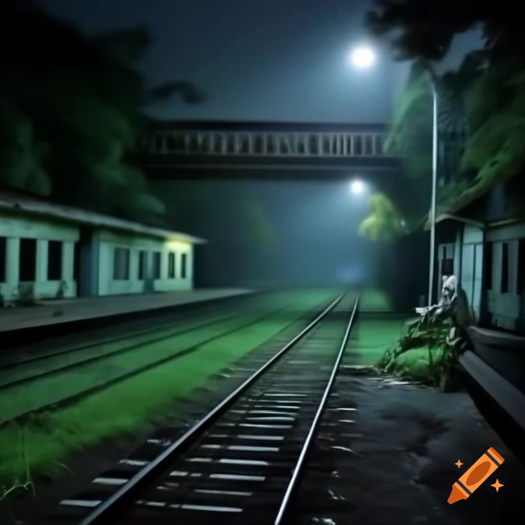 Hyper-realistic nighttime scene of Begunkodor Railway Station in fog on ...