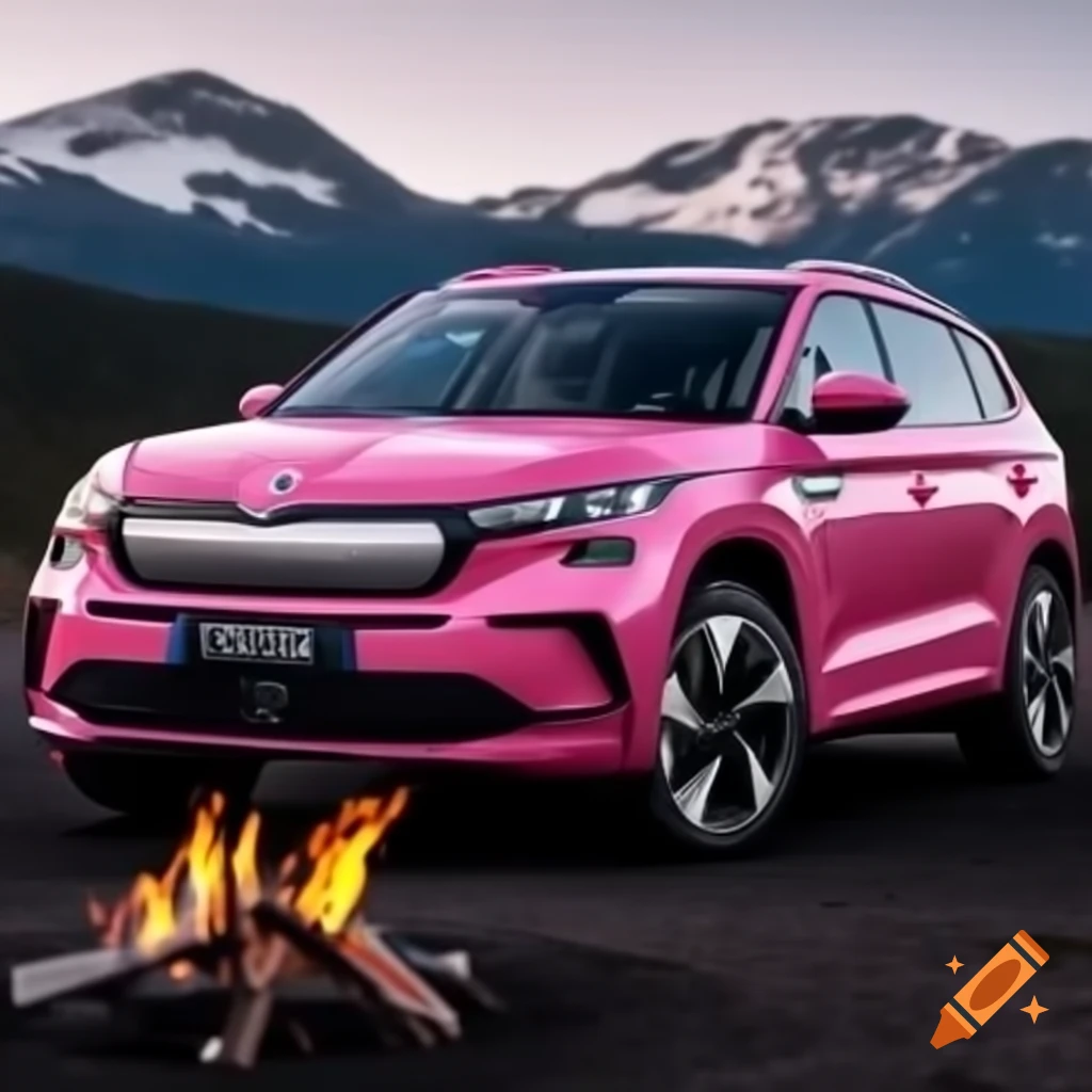 Pink Skoda Enyaq parked with campfire between axles on Craiyon