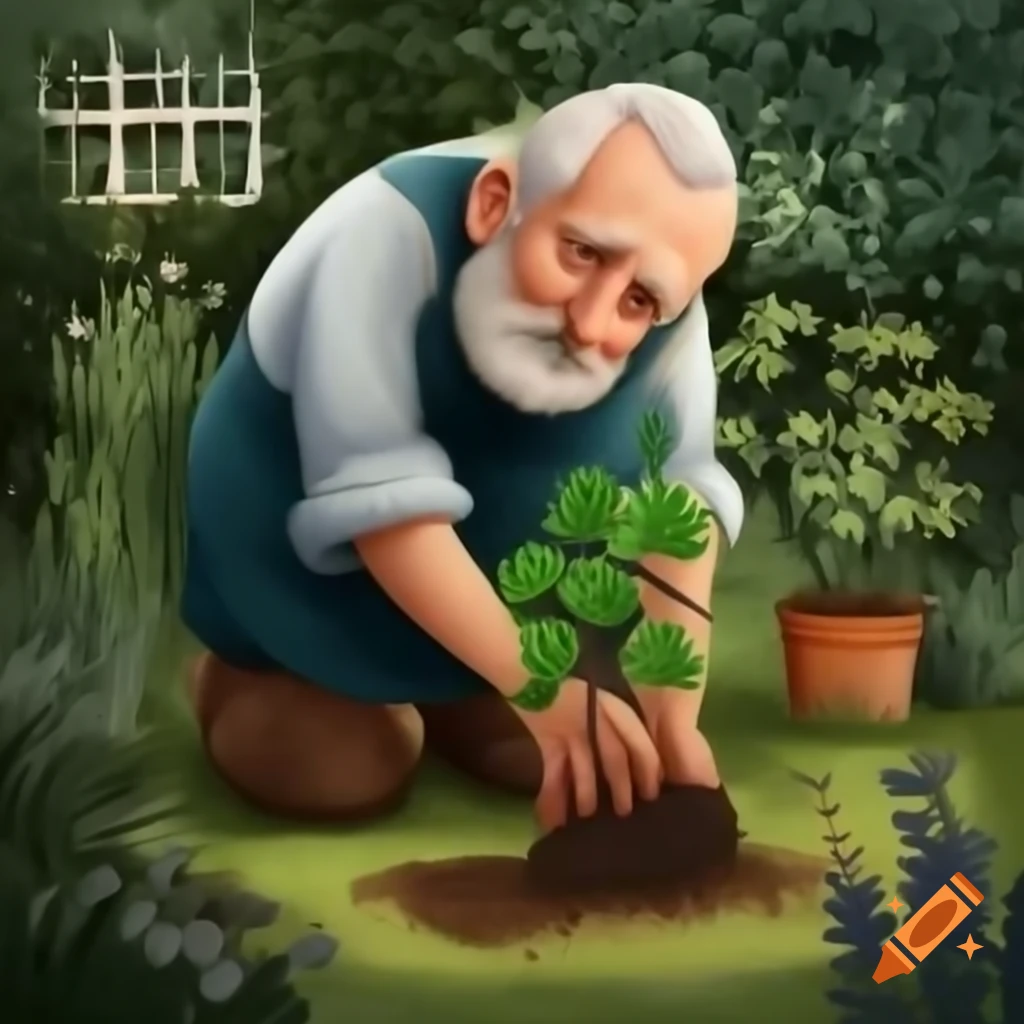 Old man planting young tree in peaceful garden on Craiyon