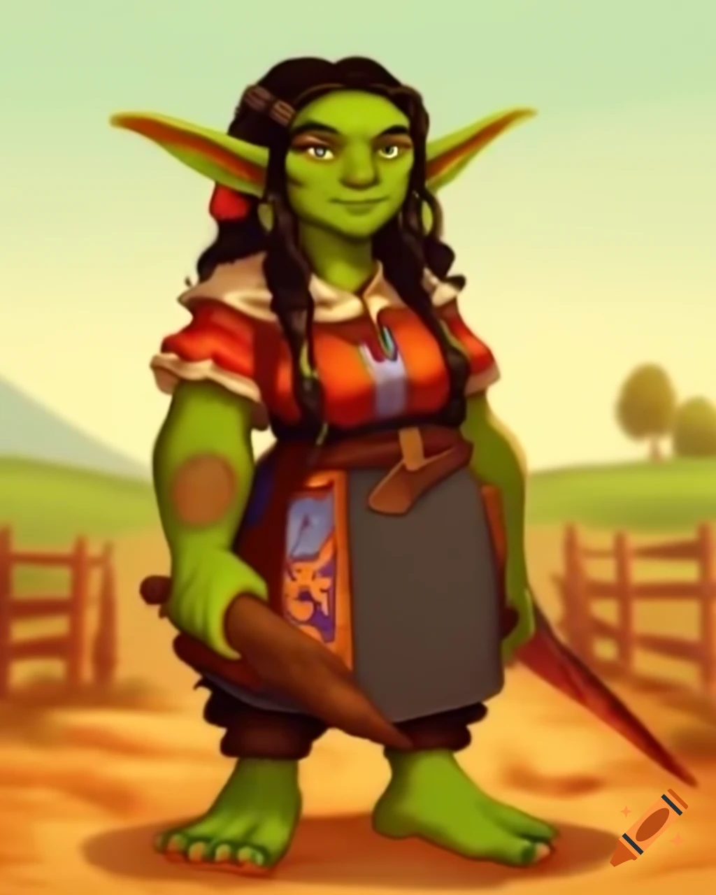 Green-skinned goblin girl in Slovak folklore attire showing tattoos in ...