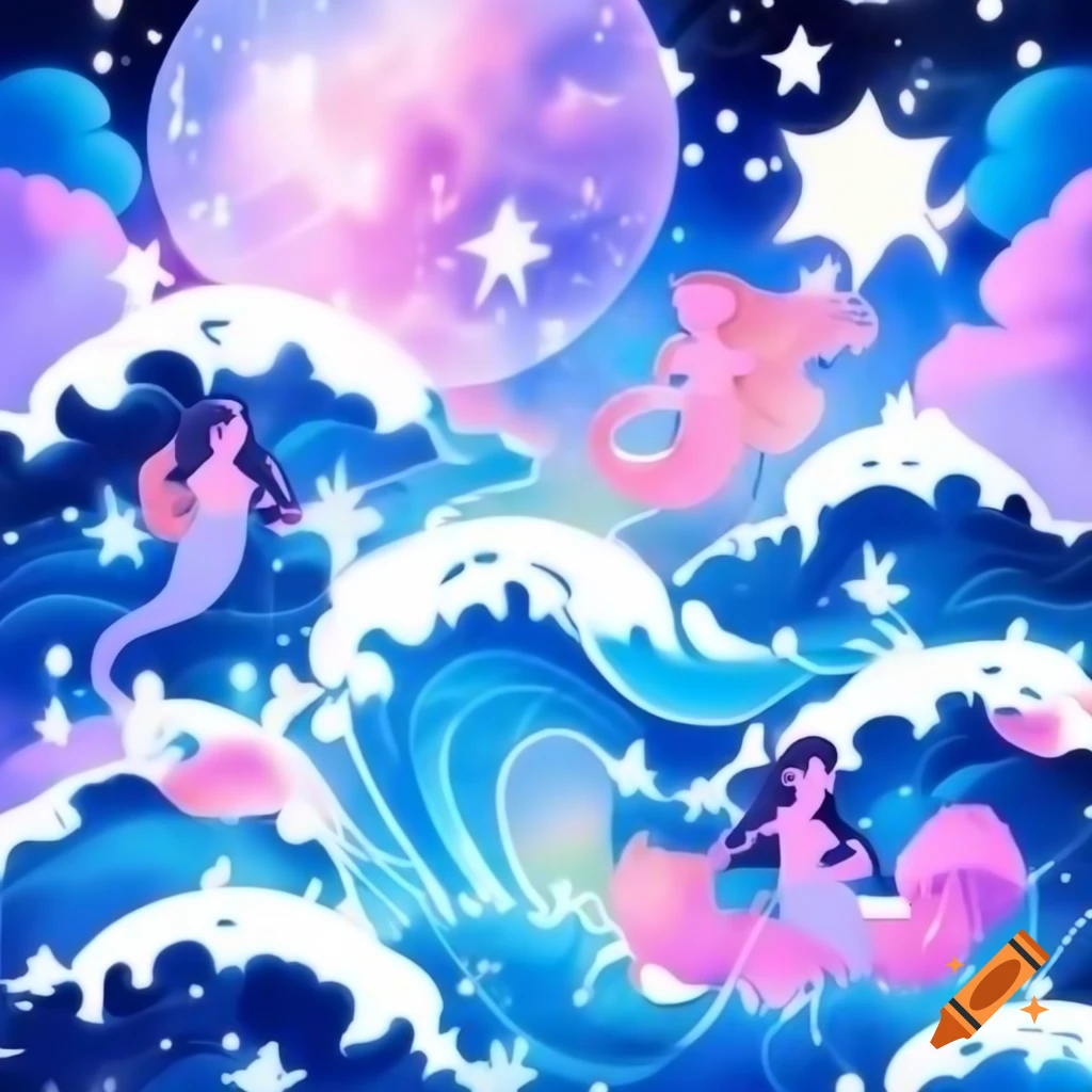 Dreamy pastel ocean-themed illustration with waves, cosmic sky, and ...
