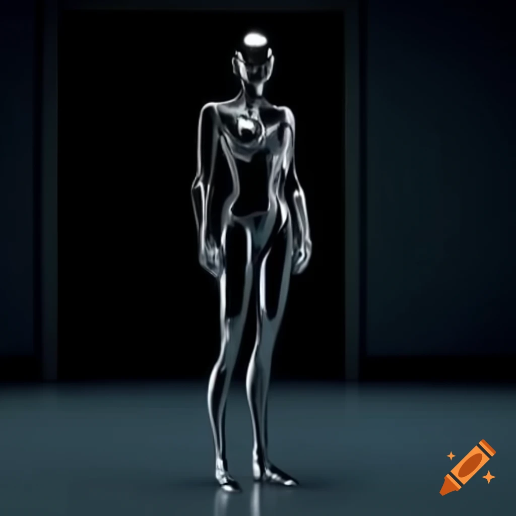 Futuristic synthetic female human with black chrome body in dark room ...