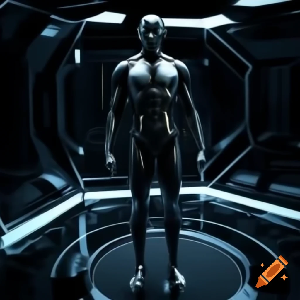 Synthetic male human with chrome body in futuristic dark room on Craiyon