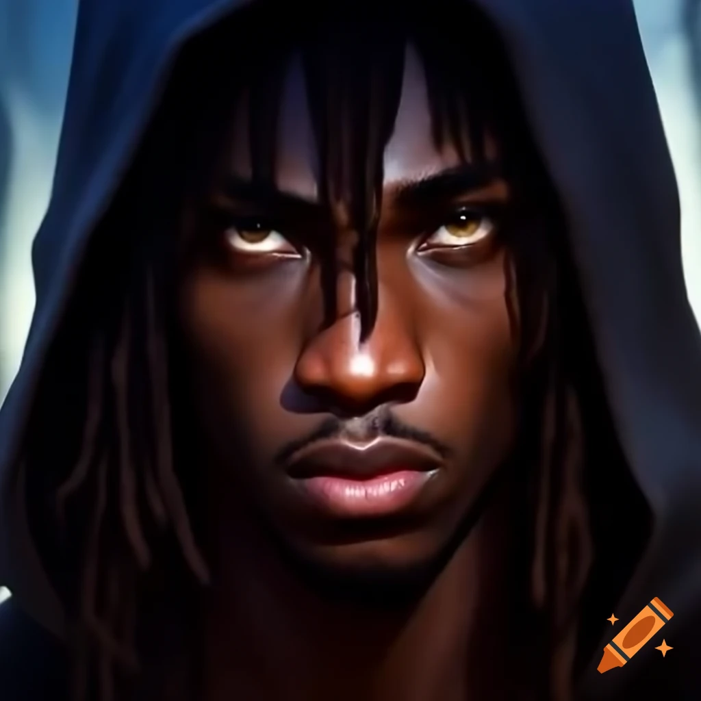 Intense young man with dreadlocks and hood, shadows creating a ...