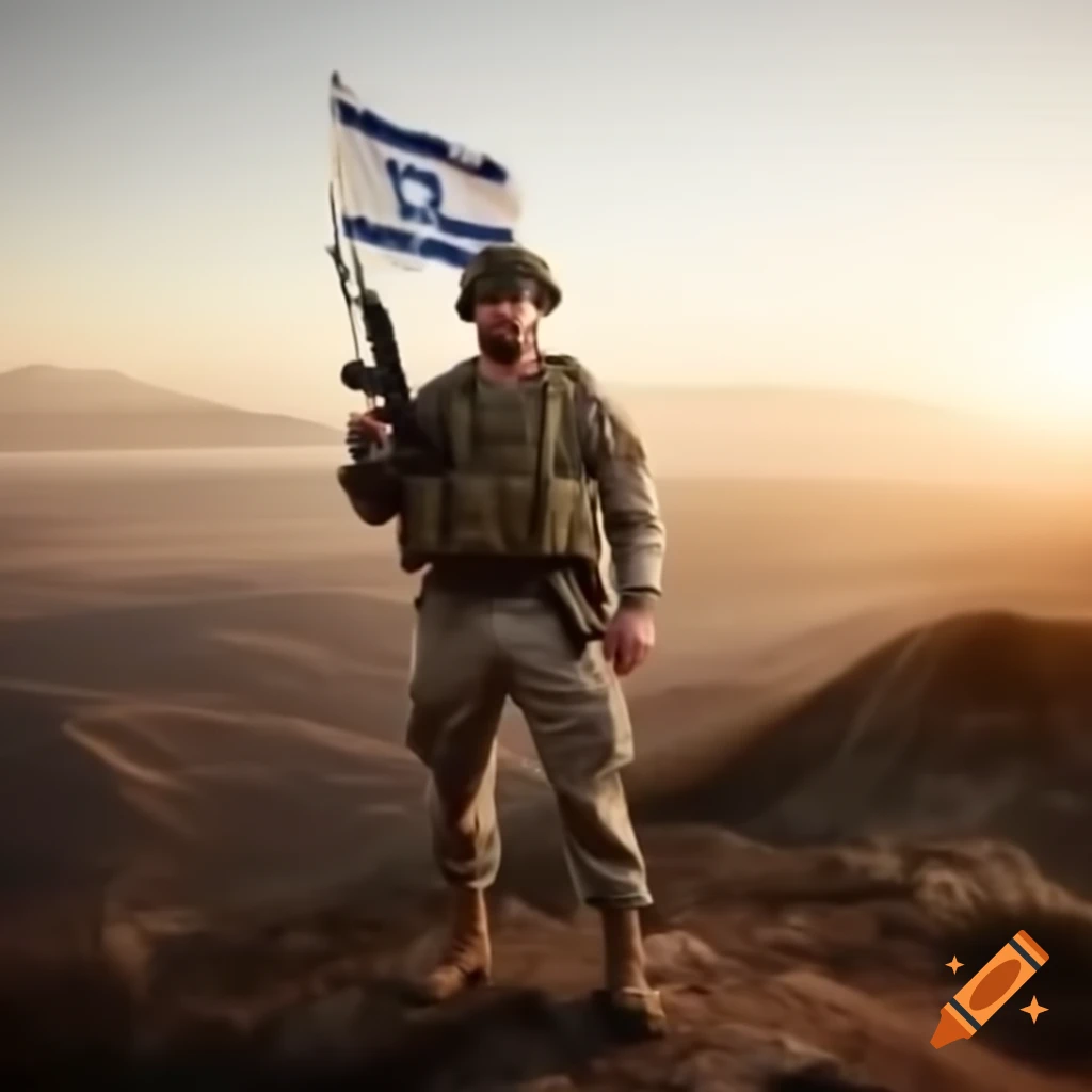 IDF soldier in military gear on Galilee mountain at sunrise with ...