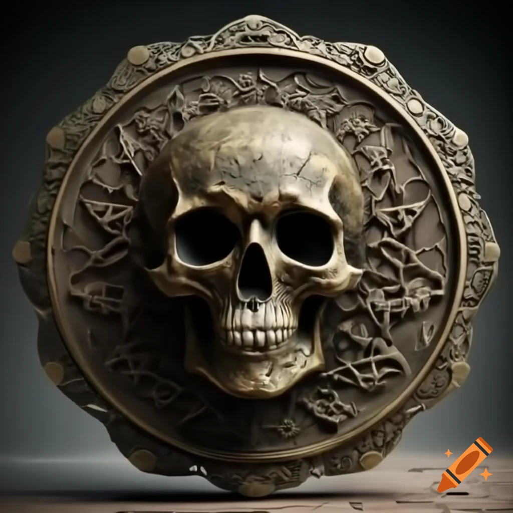 Photo-realistic bronze coin with skull bas-relief and bone mandala ...