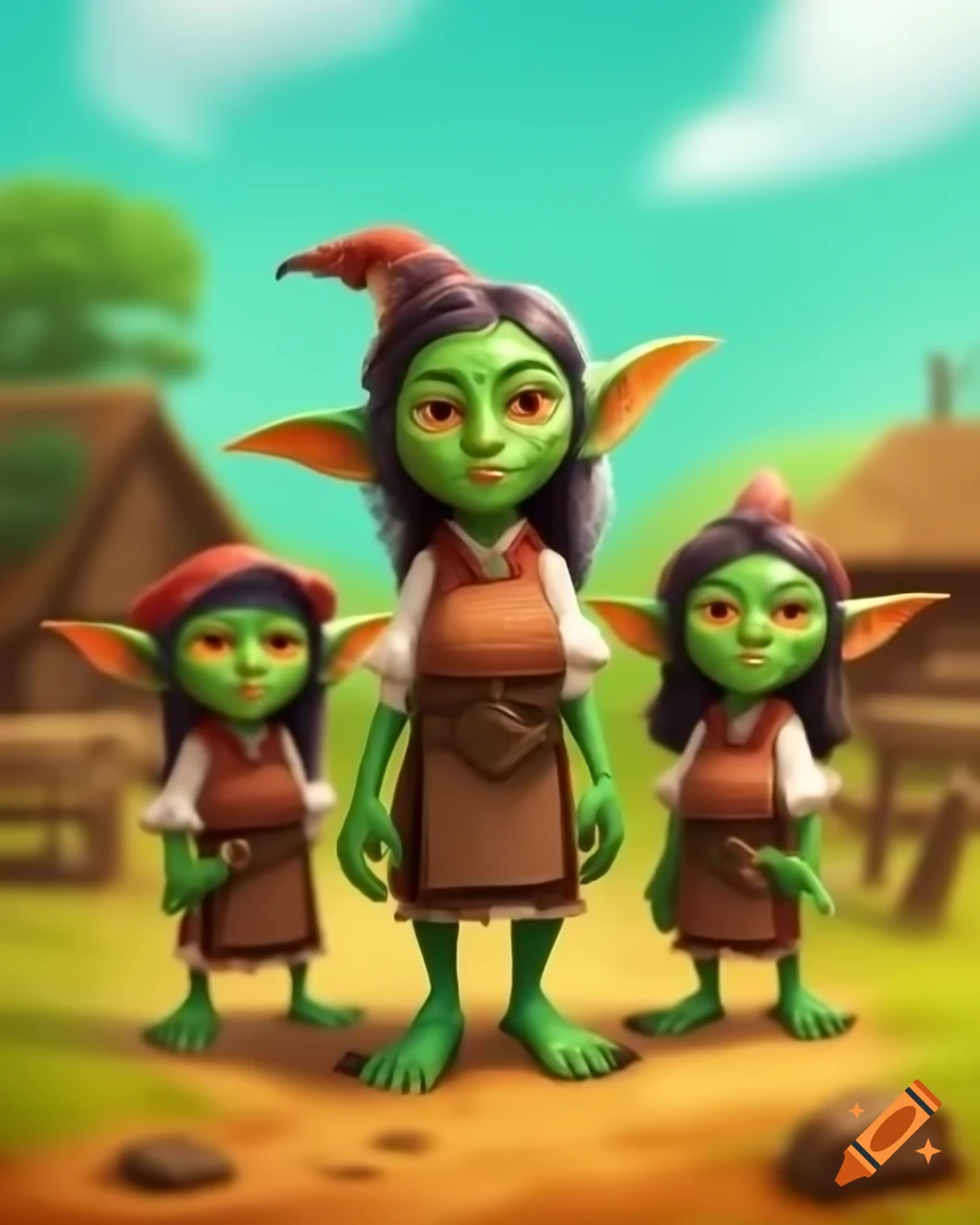 Three green-skinned goblin girls in Slovak folklore attire on a farm on ...