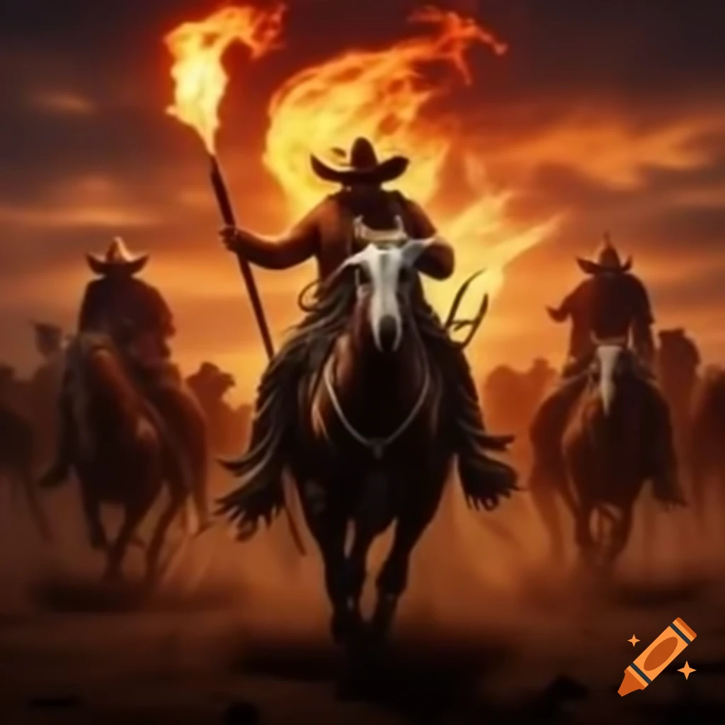 Spectral cowboys riding flaming goats in otherworldly rodeo under fiery ...