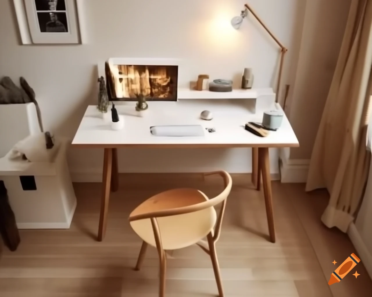 Minimalist desk setup with white and wood features in a cozy room on ...